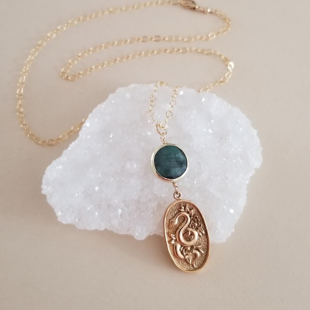 Gold Emerald Snake Necklace, Snake Pendant Necklace, Emerald Stone ...