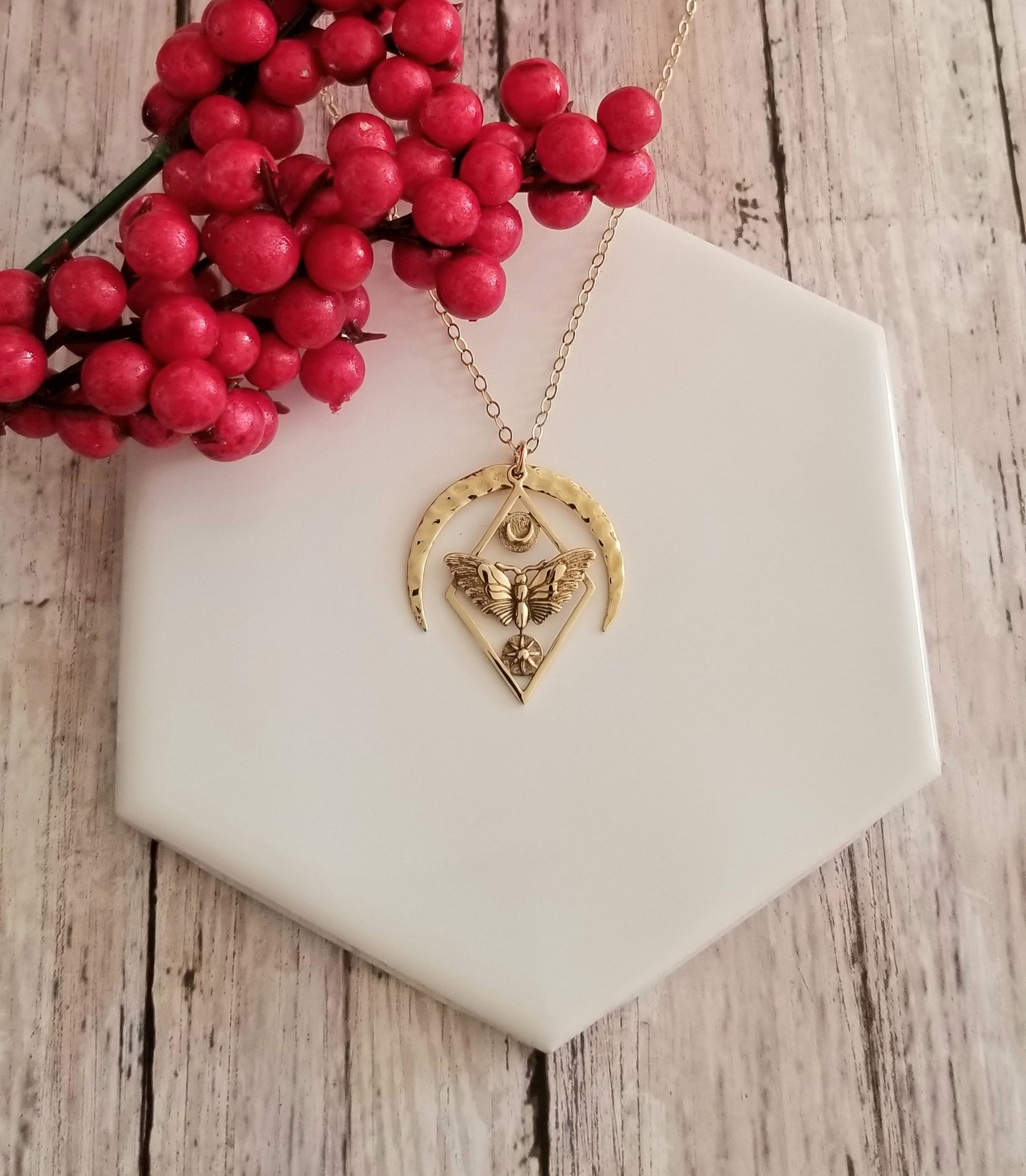 CUSTOM, Gold Moth Necklace, Moth Sun and Moon Charm Necklace, Bronze ...