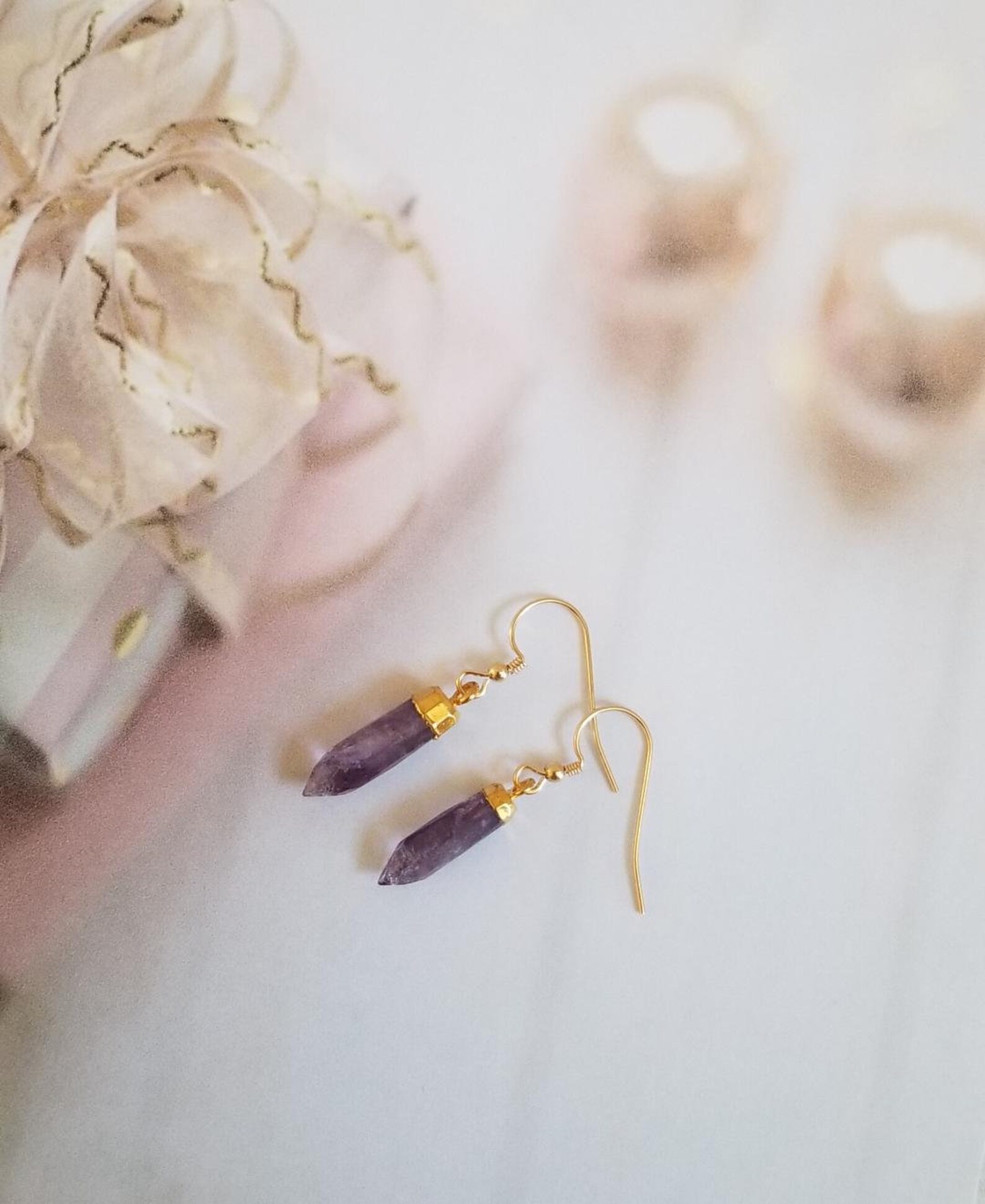Raw Amethyst Earrings, Gift for Sister, Crystal Point Earrings, Gold ...