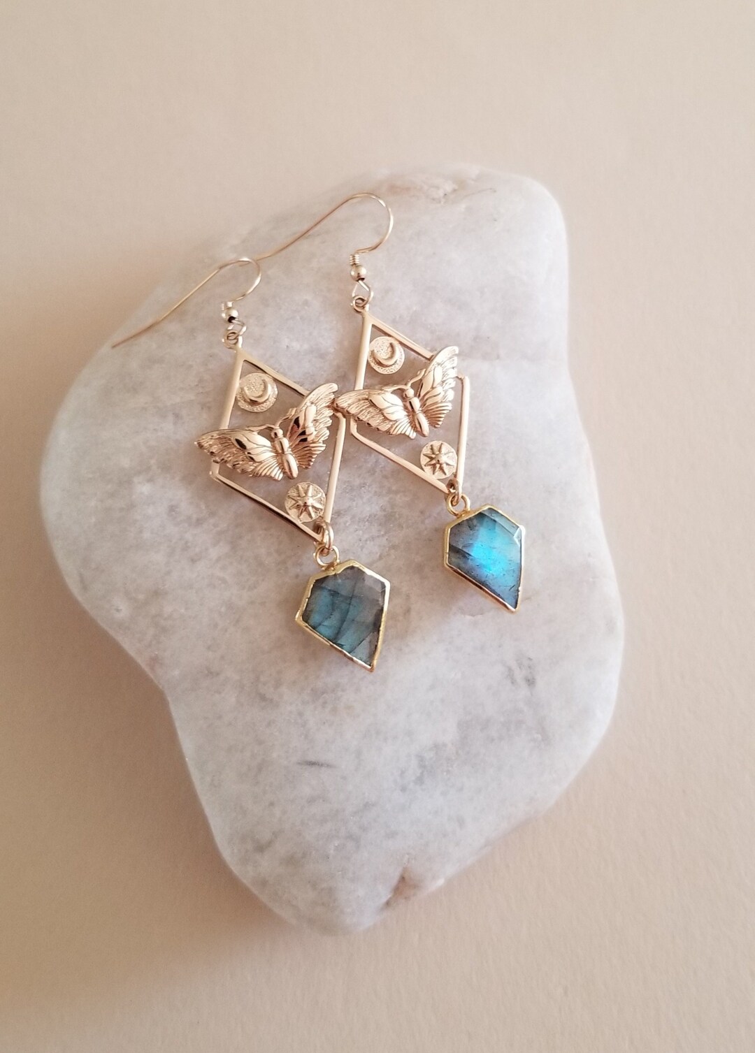 Gold Moth Earrings, Moth Sun and Moon Earrings, Labradorite Earrings ...