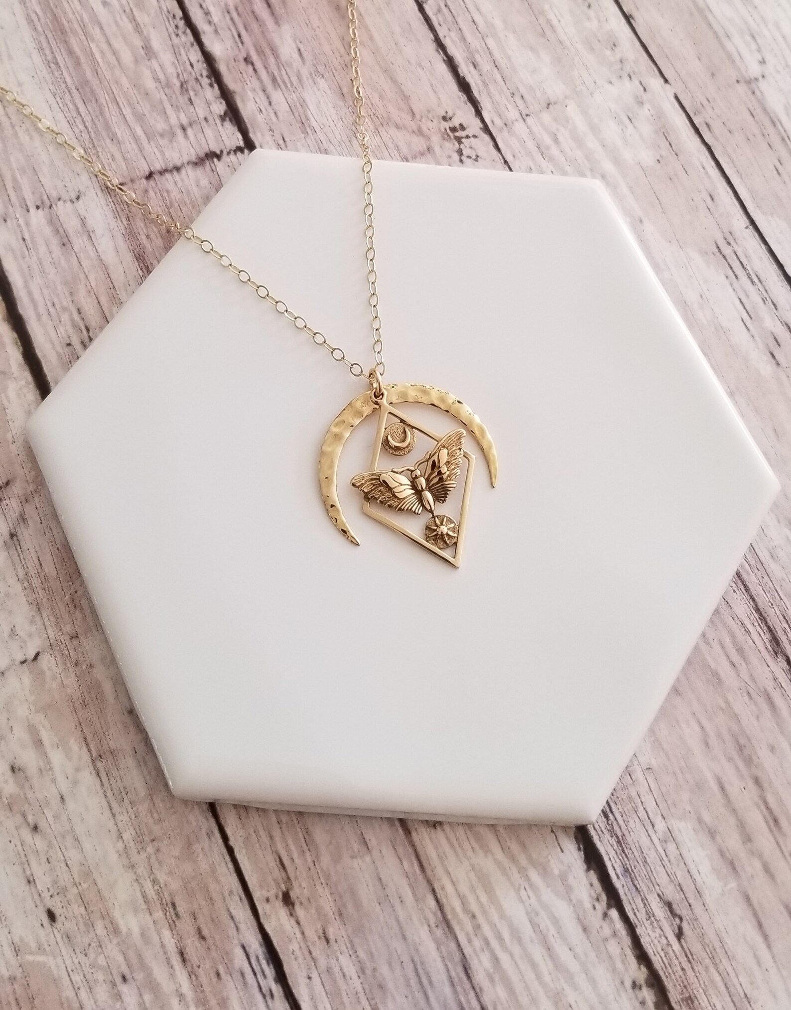 Gold Moth Necklace Moth Sun and Moon Charm Necklace Bronze - Etsy
