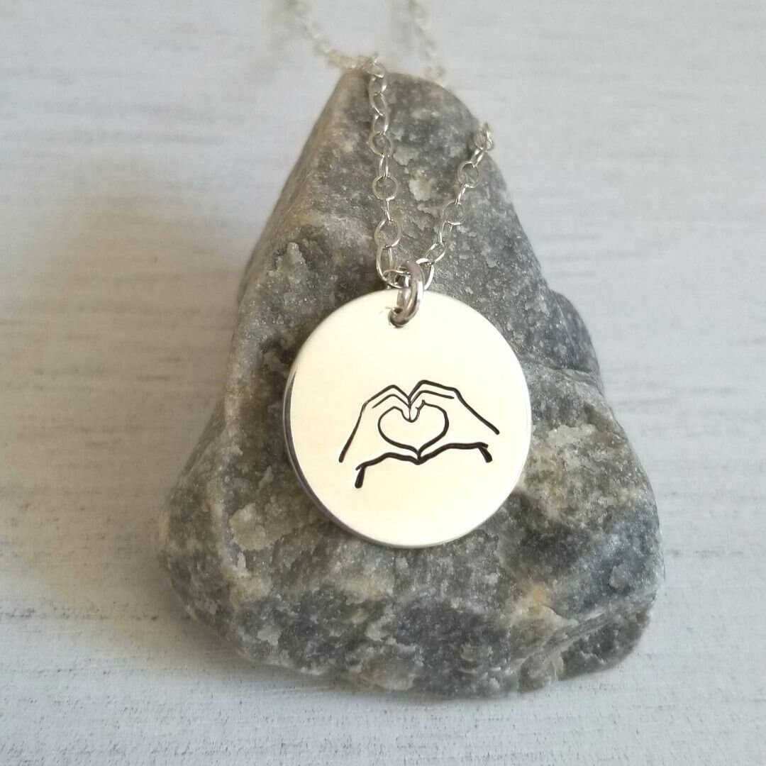 Hand Gesture Necklace Silver Disc Necklace Heart Hands Gift | Etsy