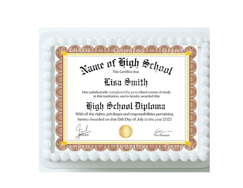 Custom 2025 Diploma Edible Cake Topper, Frosting Grad Diploma ...