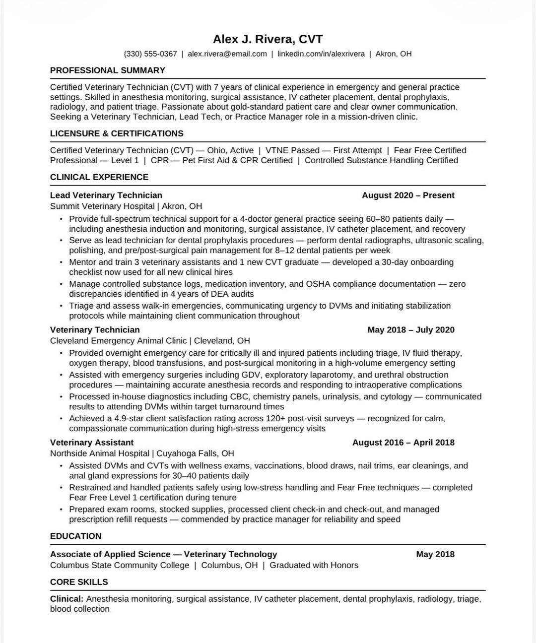 Vet Tech Resume Template 2026 | CVT RVT Veterinary Technician | ATS ...