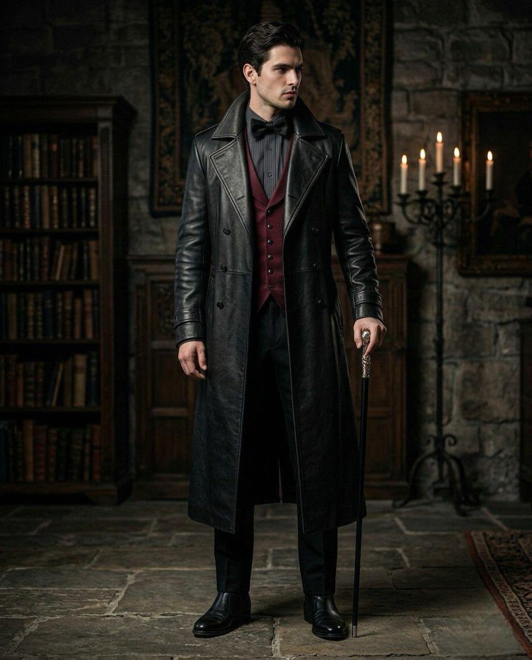 Gothic Victorian Mens Outfit Black Leather Trench Coat, Dark Academia ...
