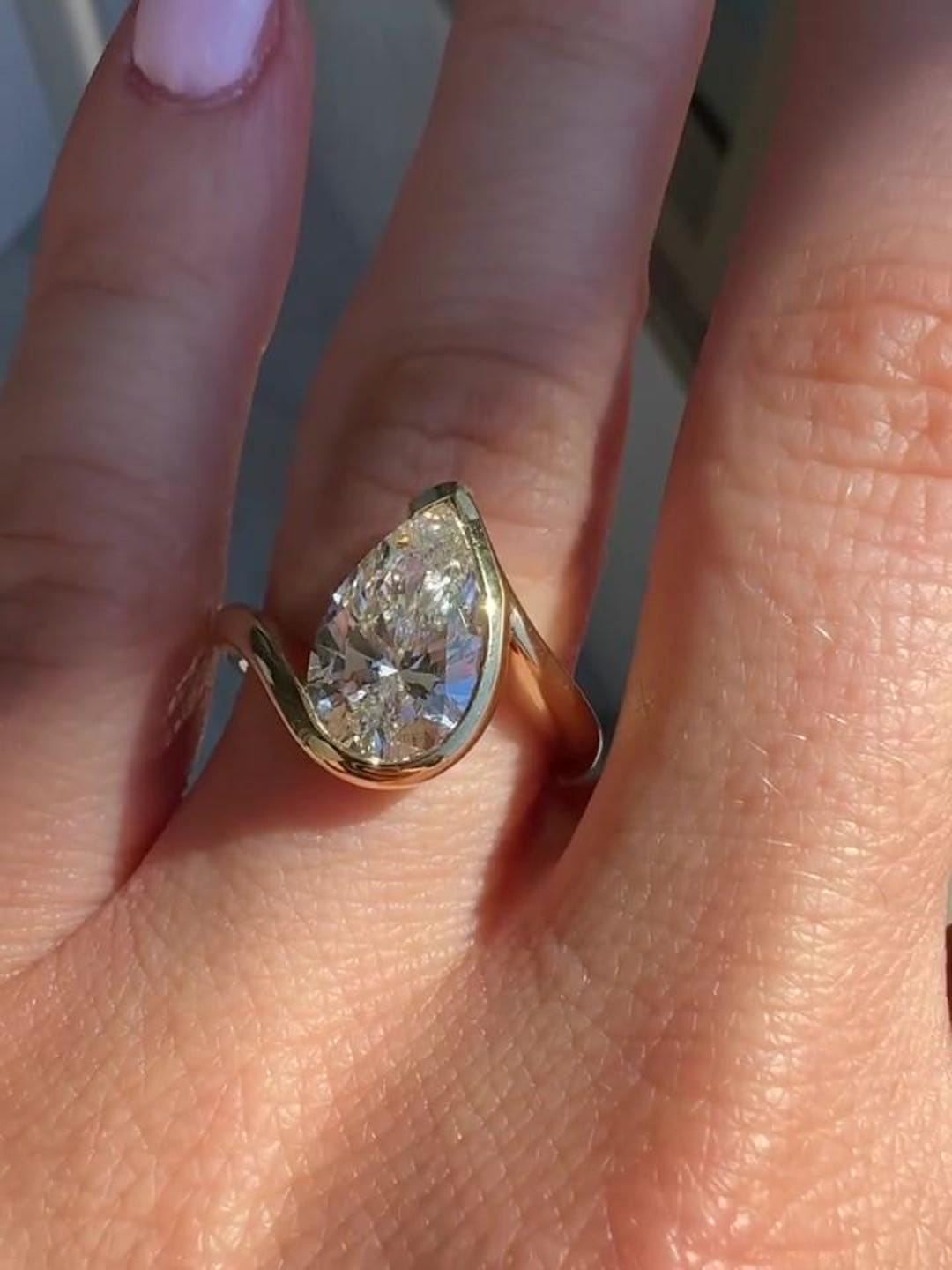3CT Pear Cut Moissanite Engagement Ring Unique Half Bezel Set Solitaire ...