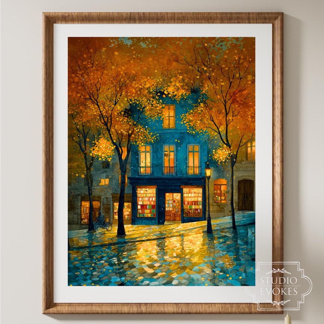 Vintage Bookstore,autumn Bookshop Glow Wall Art, Cozy Bookstore Print ...