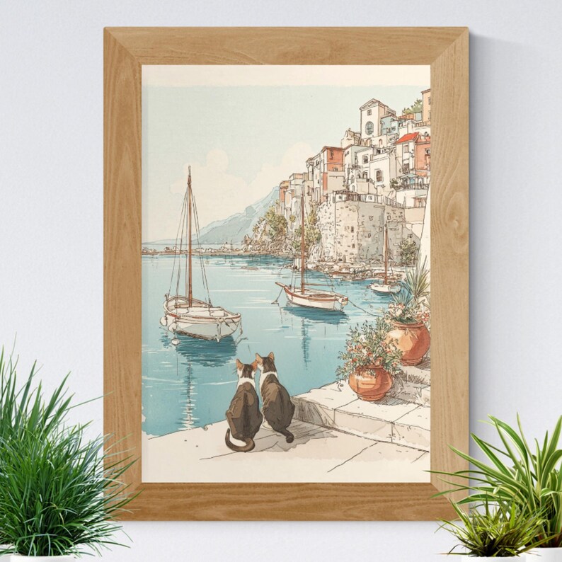 Cats by the Sea Wall Art Printable, Harbor Cats Illustration ...