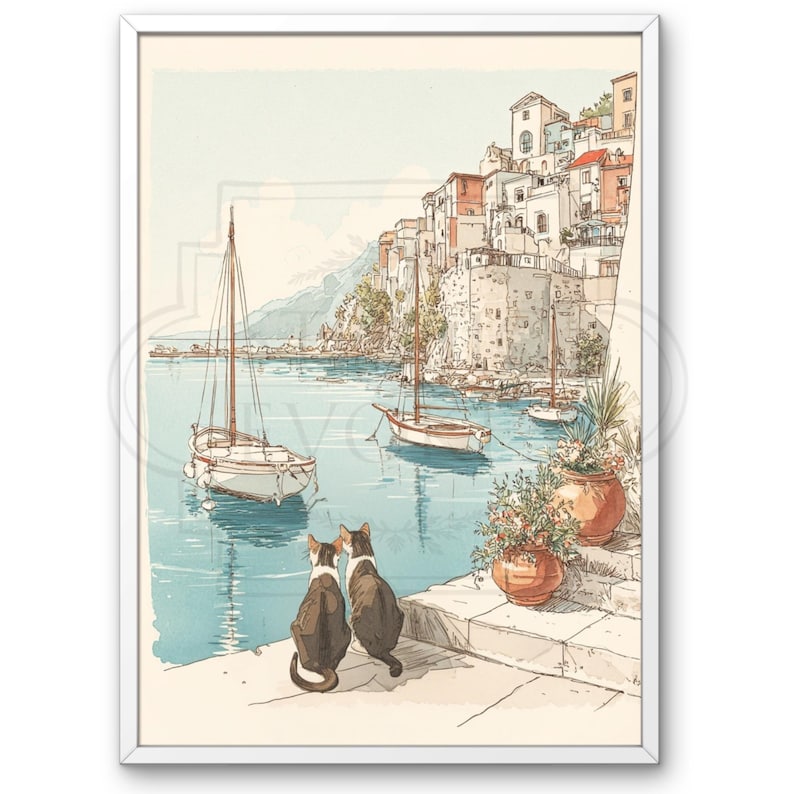 Cats by the Sea Wall Art Printable, Harbor Cats Illustration ...