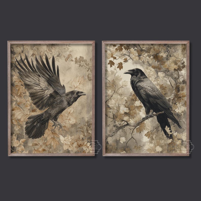 Set of 2 Flying Crow Art, Autumn Woodland Watercolor, Dark Academia ...