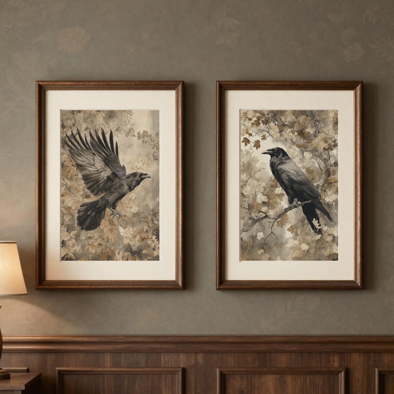 Set of 2 Flying Crow Art, Autumn Woodland Watercolor, Dark Academia ...