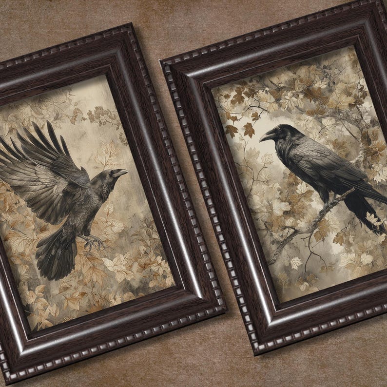 Set of 2 Flying Crow Art, Autumn Woodland Watercolor, Dark Academia ...