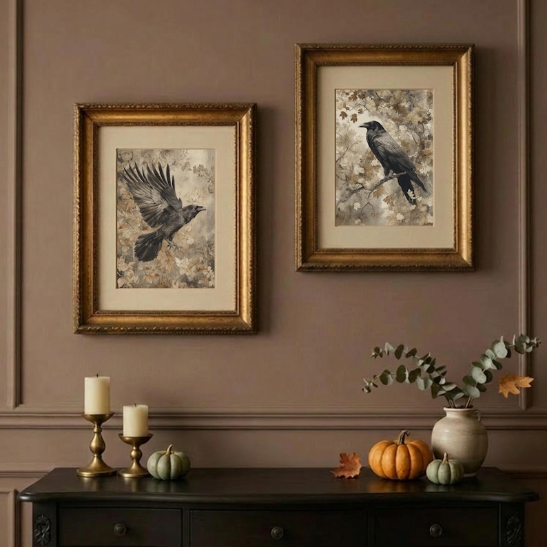 Set of 2 Flying Crow Art, Autumn Woodland Watercolor, Dark Academia ...