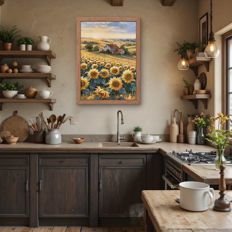 Sunflower Field Watercolor Poster, Tuscany Landscape Wall Art ...