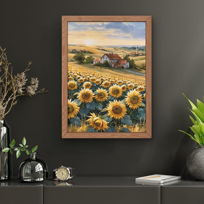 Sunflower Field Watercolor Poster, Tuscany Landscape Wall Art ...