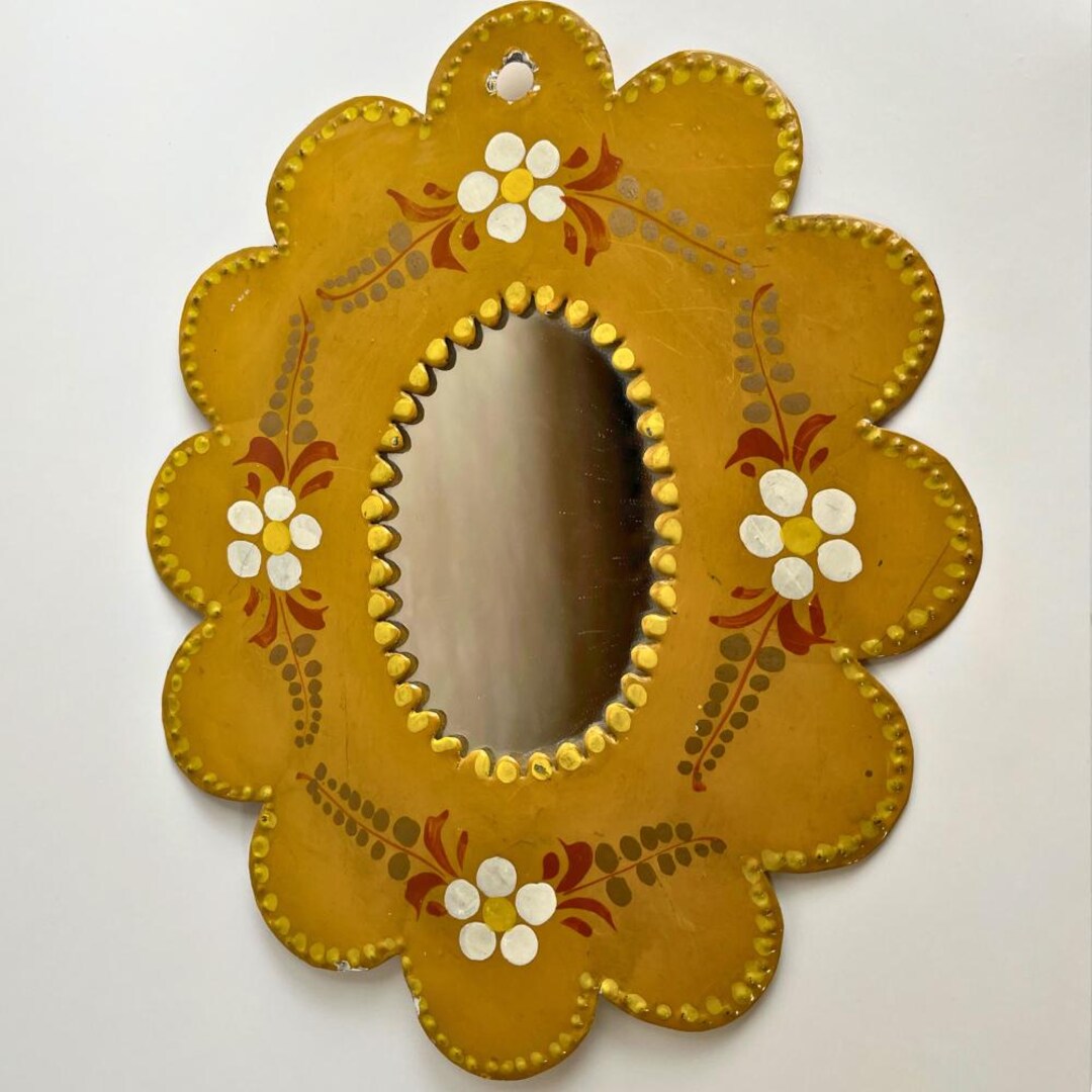 Mexican Tin Mirror With Embossed Scalloped Edges Flower Motif Vintage ...