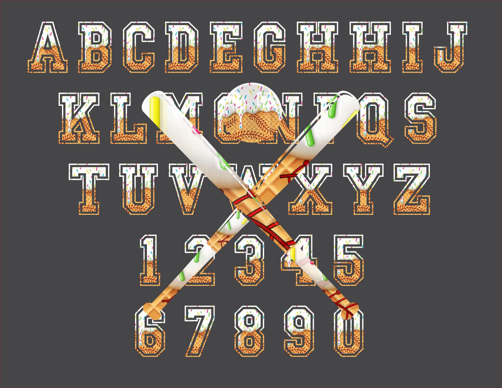 Baseball Ice Cream Drip Alphabet Doodle PNG, Pink & Blue Varsity ...