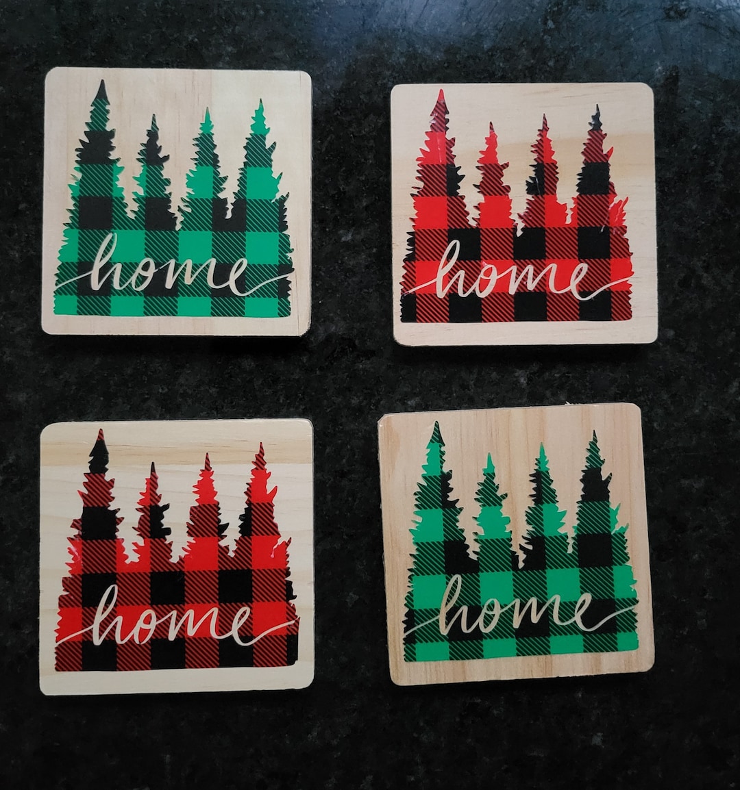 Pine Tree Home Red Green Buffalo Plaid Wood Coasters - Etsy