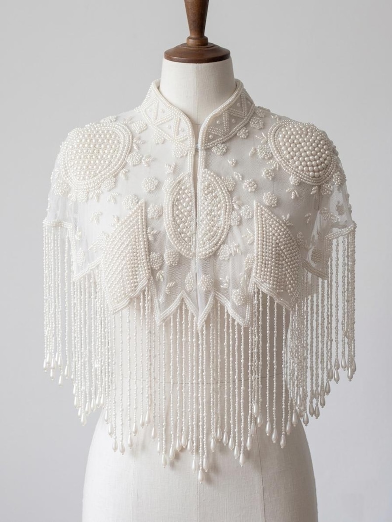 White Pearl Beaded Capelet Cover Up: Elegant Fringe Bridal Poncho ...