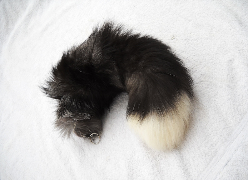 Real 16"-18" Silver Fox Fur Tail With White Tip Totem Keychain Key Ring ...