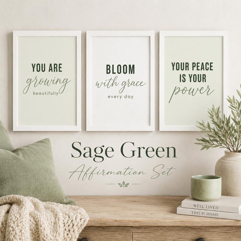Sage Green Motivational Wall Art Set, Calm Bedroom Decor (digital ...