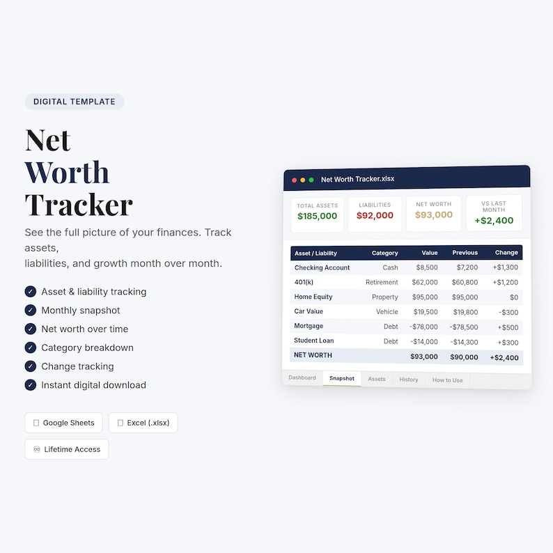 Net Worth Tracker Spreadsheet | Asset Liability Dashboard | Financial ...