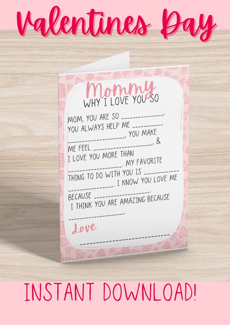 Mom Printable Valentines Day Card, Kids Valentine Gift, Fill in the ...