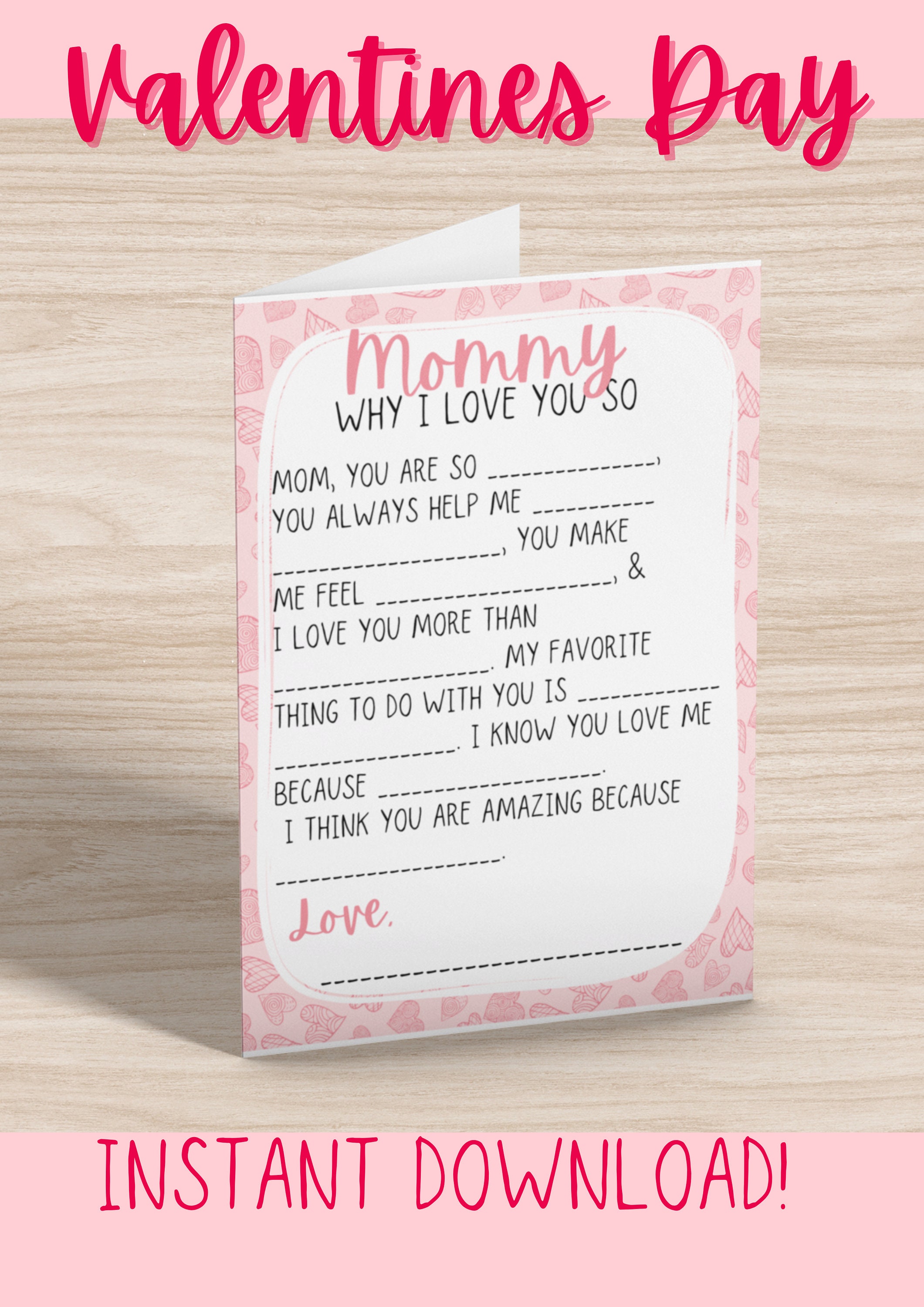 Mom Printable Valentines Day Card, Kids Valentine Gift, Fill in the ...