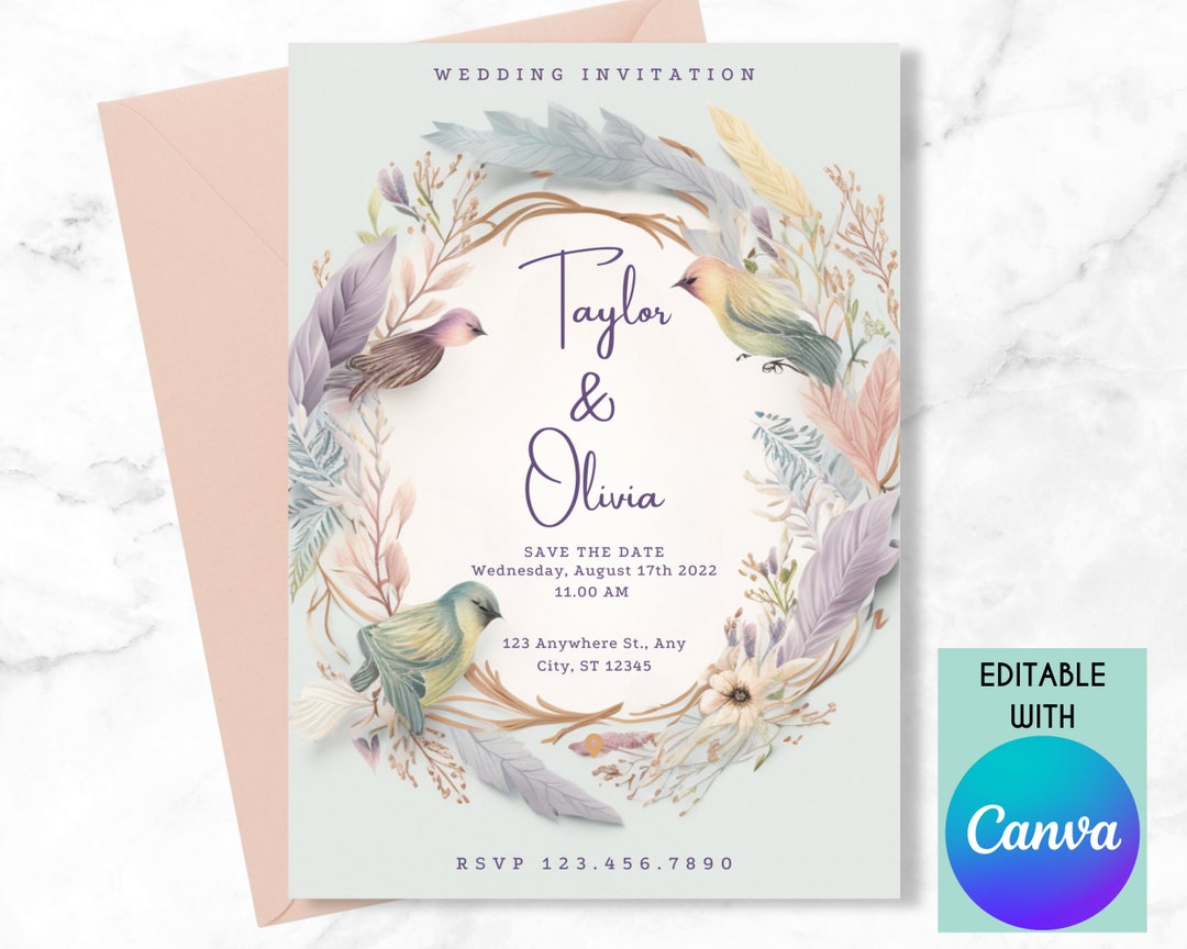 Floral Birds Wedding Invitation Template Watercolor Classic Simple 5x7 ...