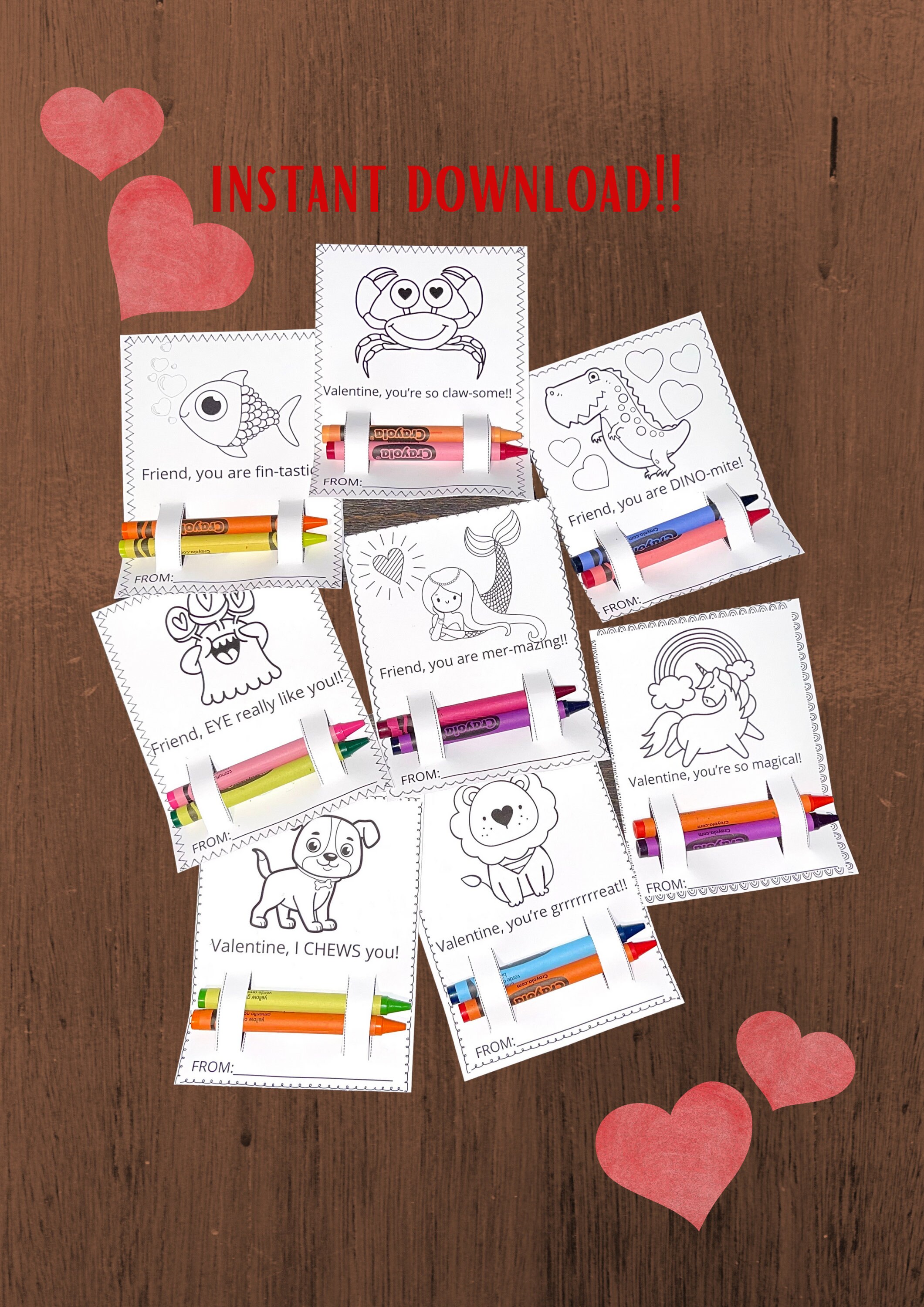 Crayon Valentines Card, Printable Valentine Cards, Coloring Valentines ...