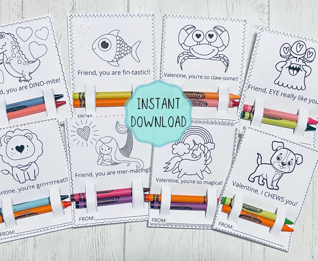 Crayon Valentines Card, Printable Valentine Cards, Coloring Valentines ...