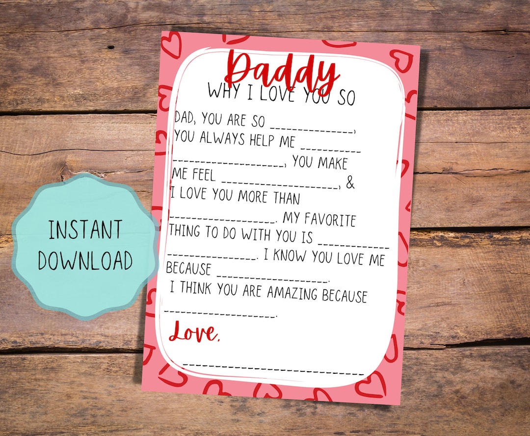 Dad Printable Valentines Day Card, Kids Valentine Gift, Fill in the ...