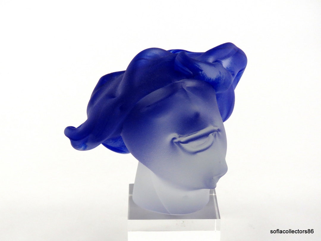 Stephen Fellerman Woman / Man Head in Blue Hat Art Glass Paperweight Ca ...