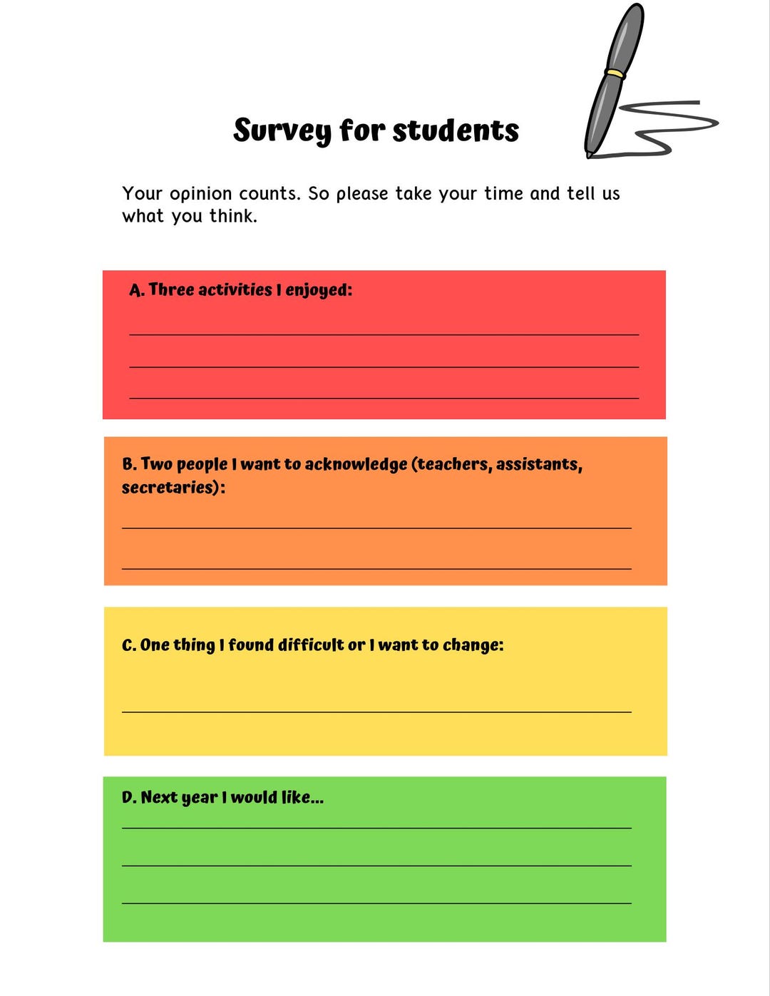 Student Survey Feedback Form Printable Classroom Activity Reflection ...