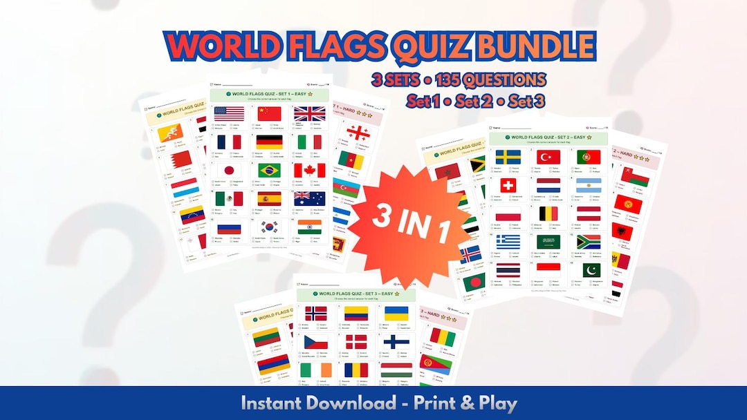 World Flags Quiz Bundle Printable | Set 1 2 3 | Geography Game for Kids ...