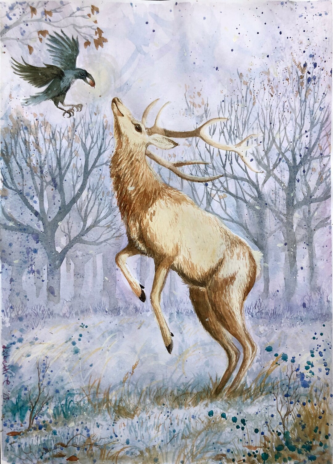 Original Watercolor: the Helpers. Stag, Deer, Raven, Power Animal ...
