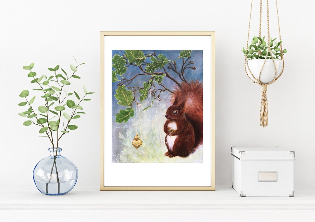 Art Print: a Fuzzy Feeling. Squirrel, Fuzzy, Cute, Heart, Oak, Leafs ...