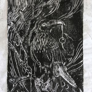 Art Print Linocut: raven With Bead. 5 Prints Made All in All Corvid ...
