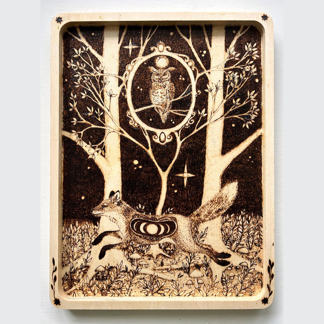 Pyrography: “the Guardians of the Moon”. Owl, Fox, Moon, Forest, Stars ...