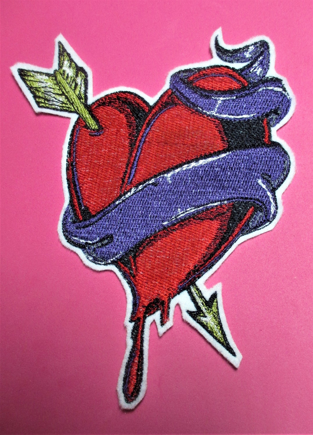 Large Embroidered Wounded Bleeding Heart with Arrow, Banner, Tattoo ...