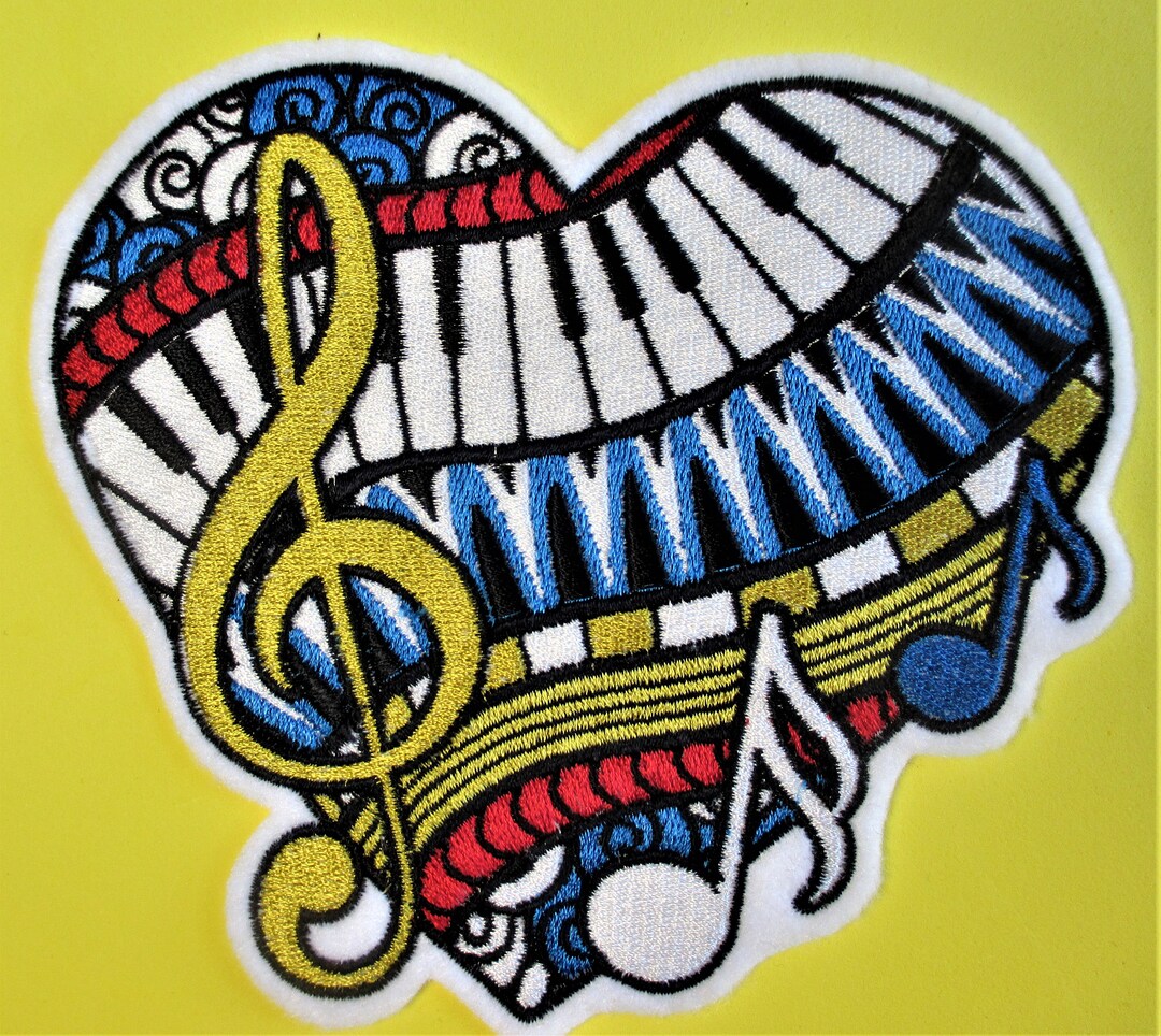 Embroidered Musical Heart Applique Patch, Heart, Clef Notes, Keyboard ...