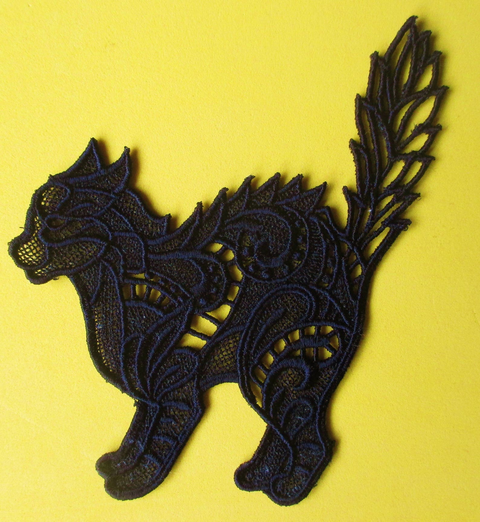 Large Embroidered Black Cat Lace Applique Halloween Black | Etsy