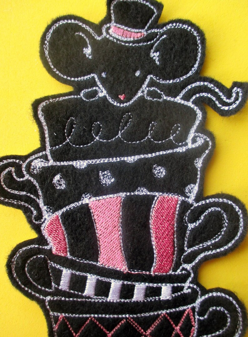 Large Embroidered Applique Patch, Mouse in a Stack of Tea Cups, Large 6 ...