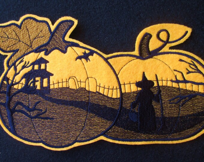 XL Embroidered Pumpkin With Halloween Scene Applique Patch, Witch ...