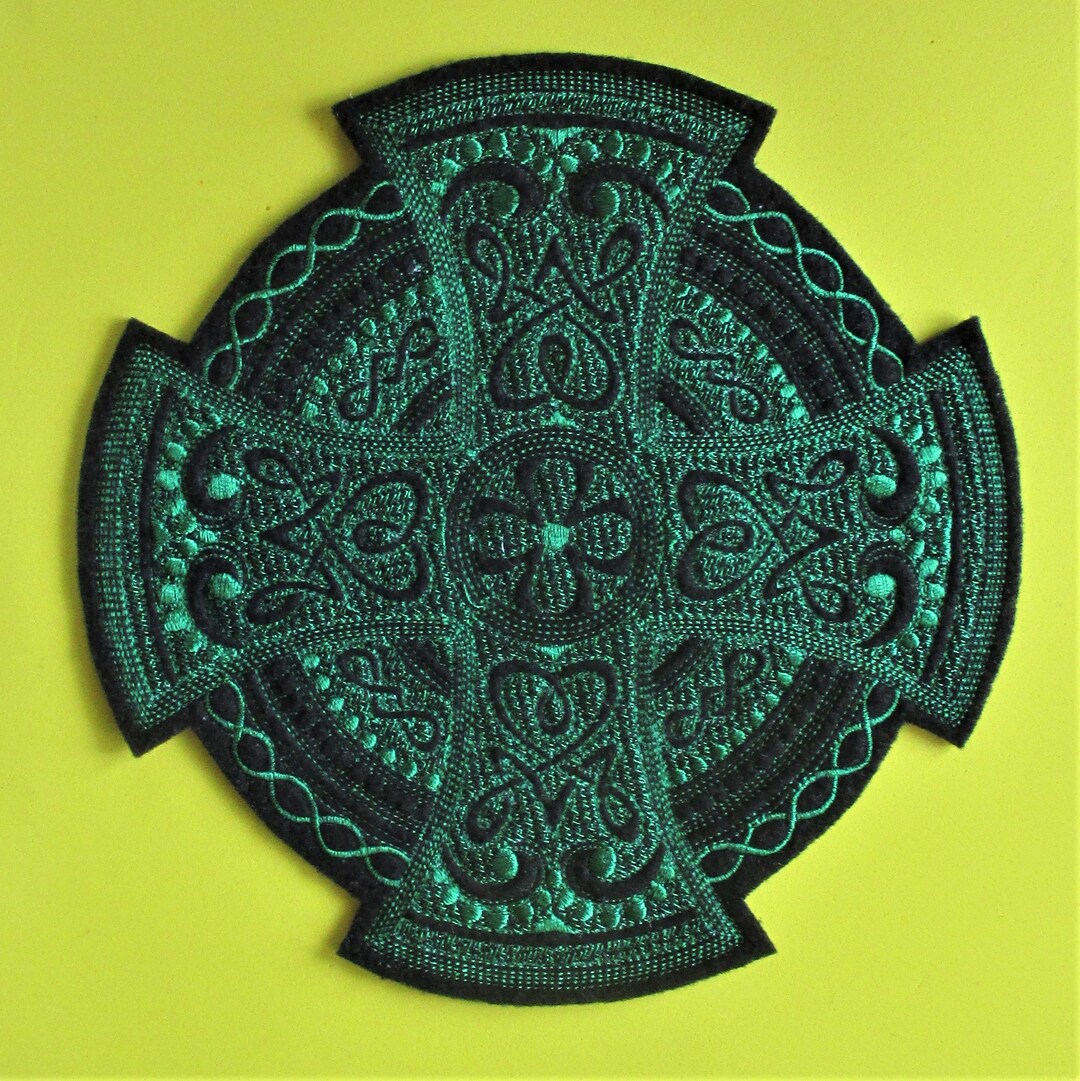 XL Embroidered Celtic Cross Design Applique Patch, Green Celtic Cross ...