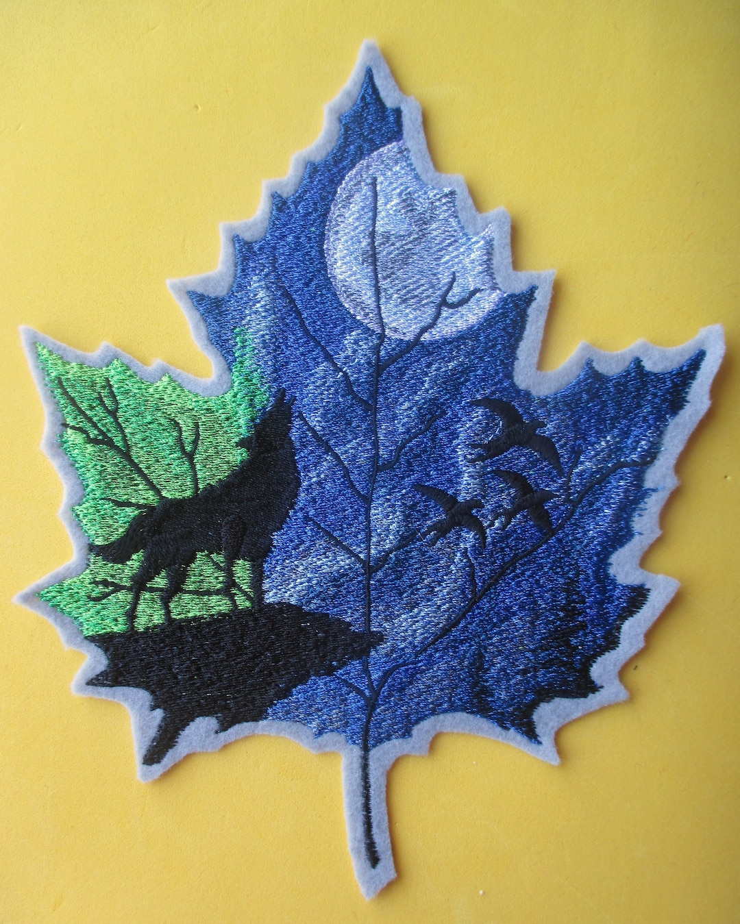 Large Embroidered Wolf Howling at the Moon Applique Patch, Maple Leaf ...