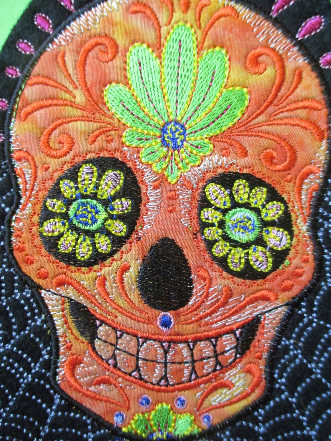 Large Embroidered Sugar Skull Applique Patch on Orange Batik Fabric ...