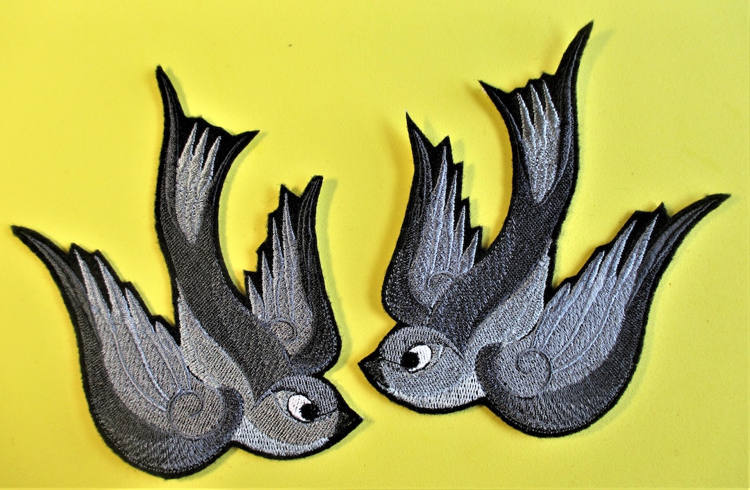 Embroidered Pair of Sparrows, Tattoo Style Applique Patch, Iron On, Sew ...