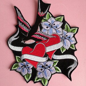Large Embroidered Double Heart and Sparrow Applique Patch, Iron On, Sew ...