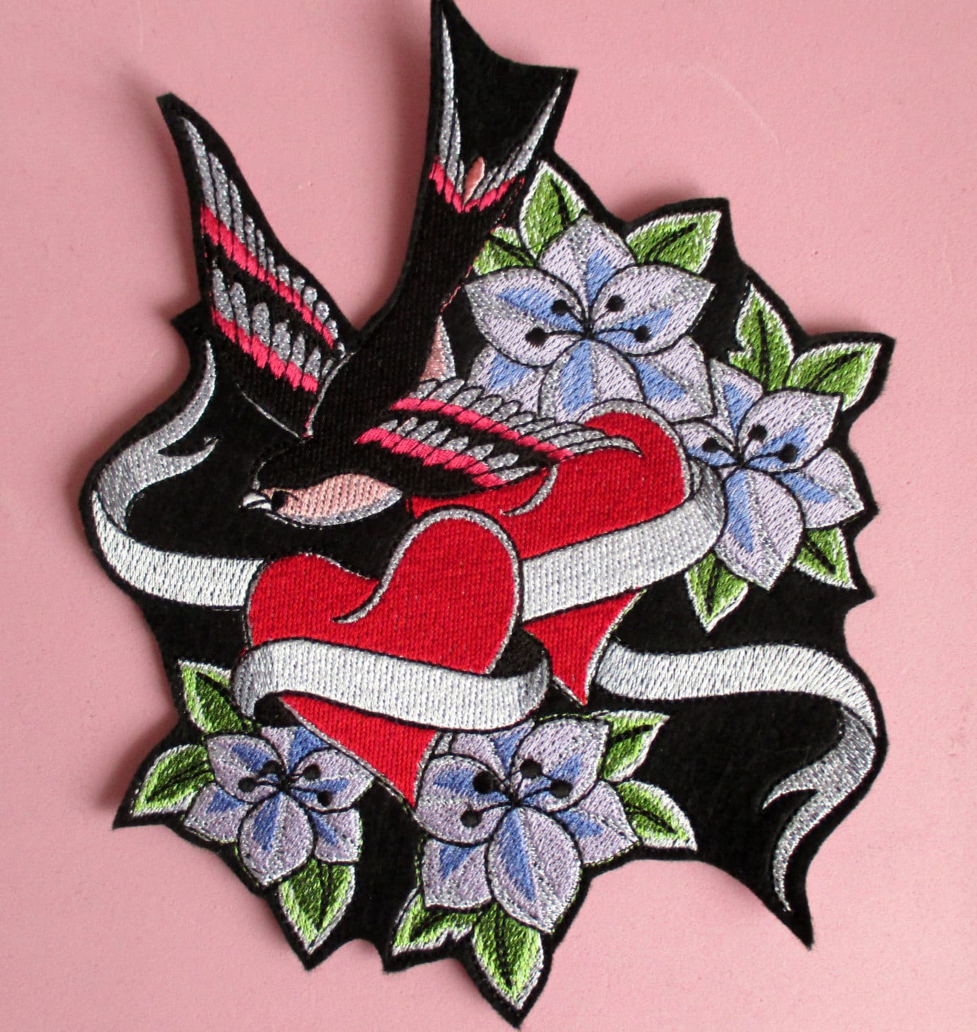 Large Embroidered Double Heart and Sparrow Applique Patch - Etsy